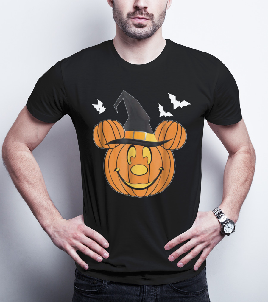 Disney Mickey Mouse Halloween Pumpkin Witch Hat And Bats T-Shirt