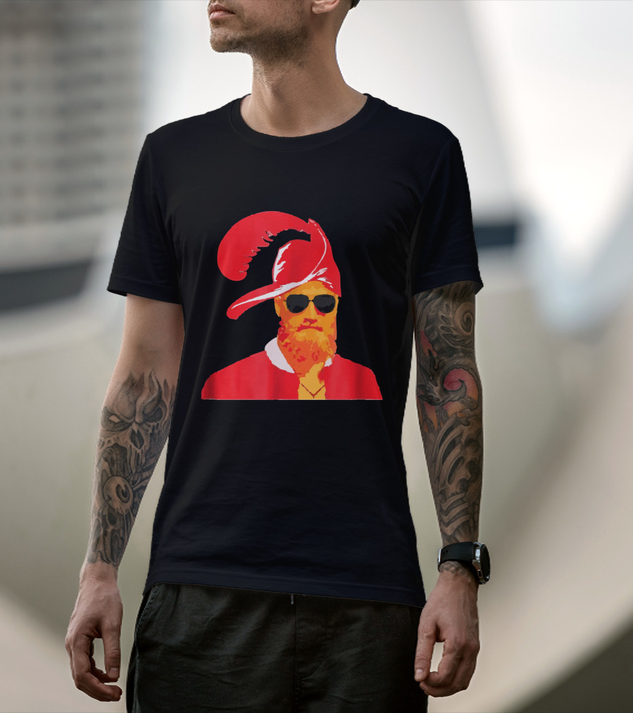 Fitzmagic Pirate Santa With Sunglasses Iconic Beard Red Feather Hat T-Shirt