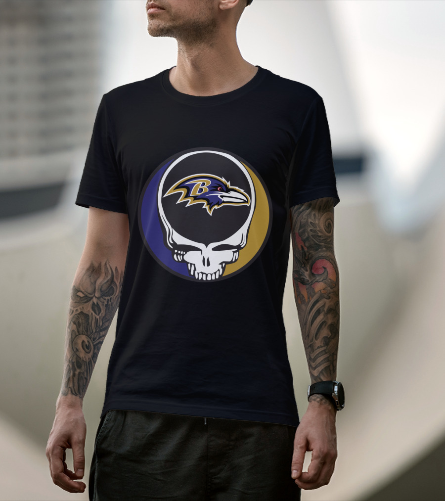 Grateful Dead Skull Logo With Baltimore Ravens Team T-Shirt
