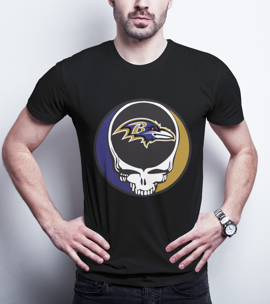 Grateful Dead Skull Logo With Baltimore Ravens Team T-Shirt
