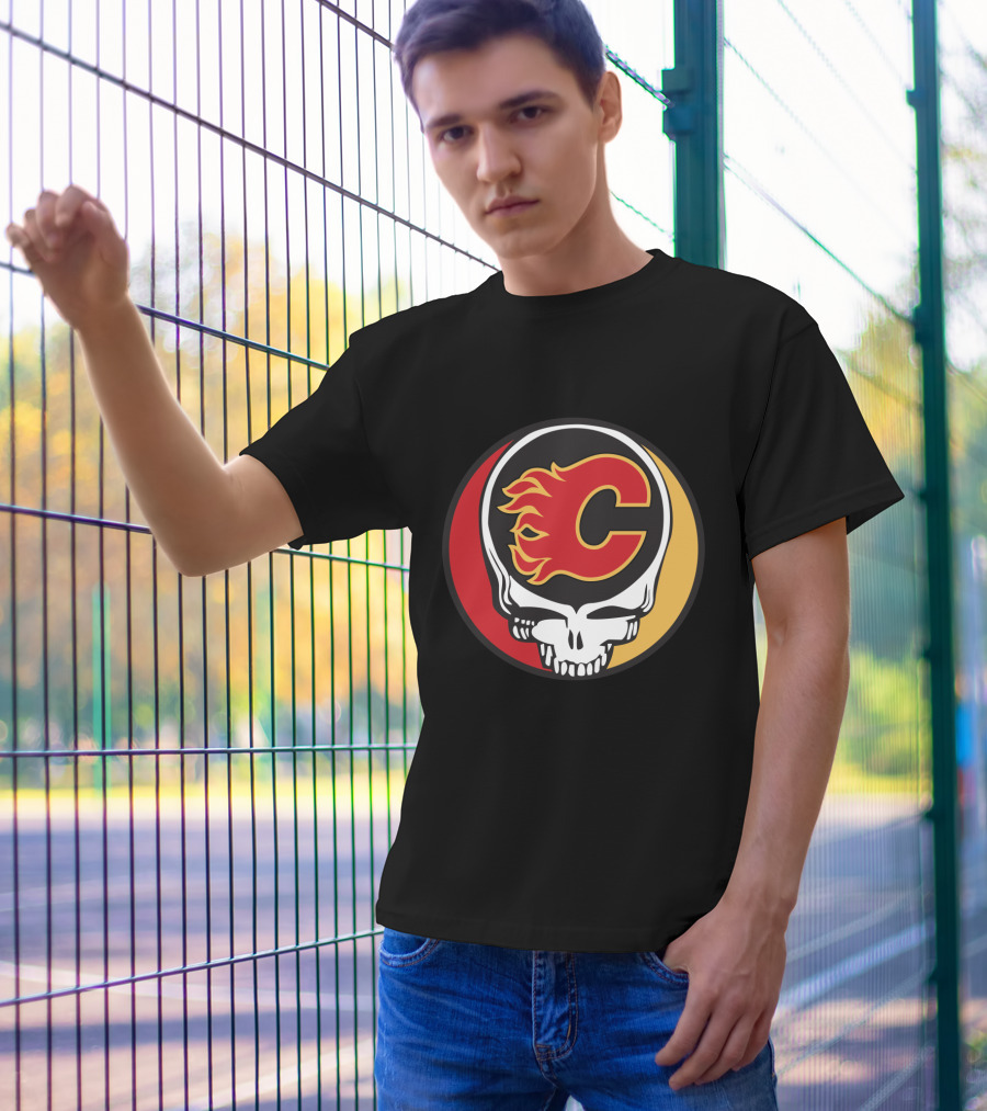 Grateful Dead Calgary Flames Fans Skull Logo Collaboration T-Shirt