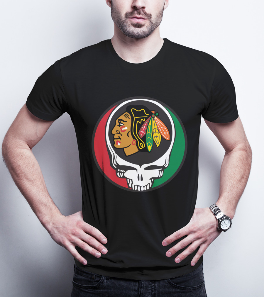 Grateful Dead Skull Chicago Blackhawks Logo Fusion For Fans T-Shirt