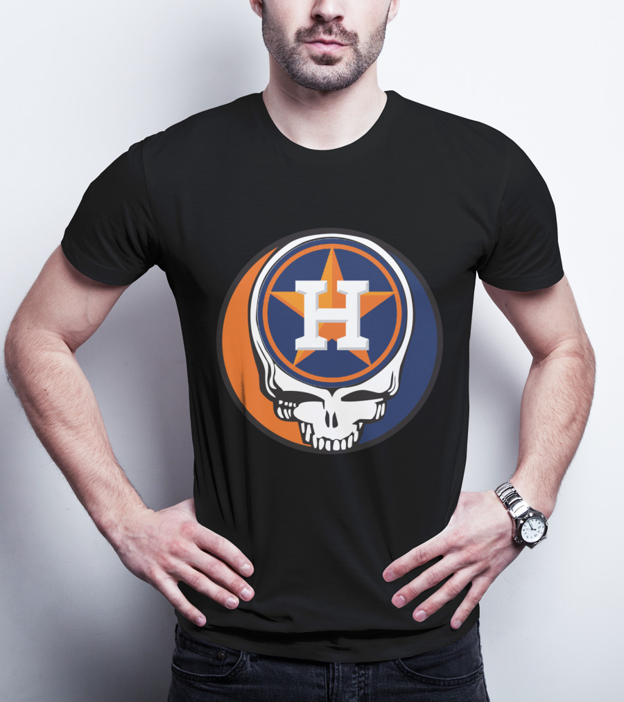 Grateful Dead Skull With Houston Astros Logo And Star In Orange And Blue T-Shirt