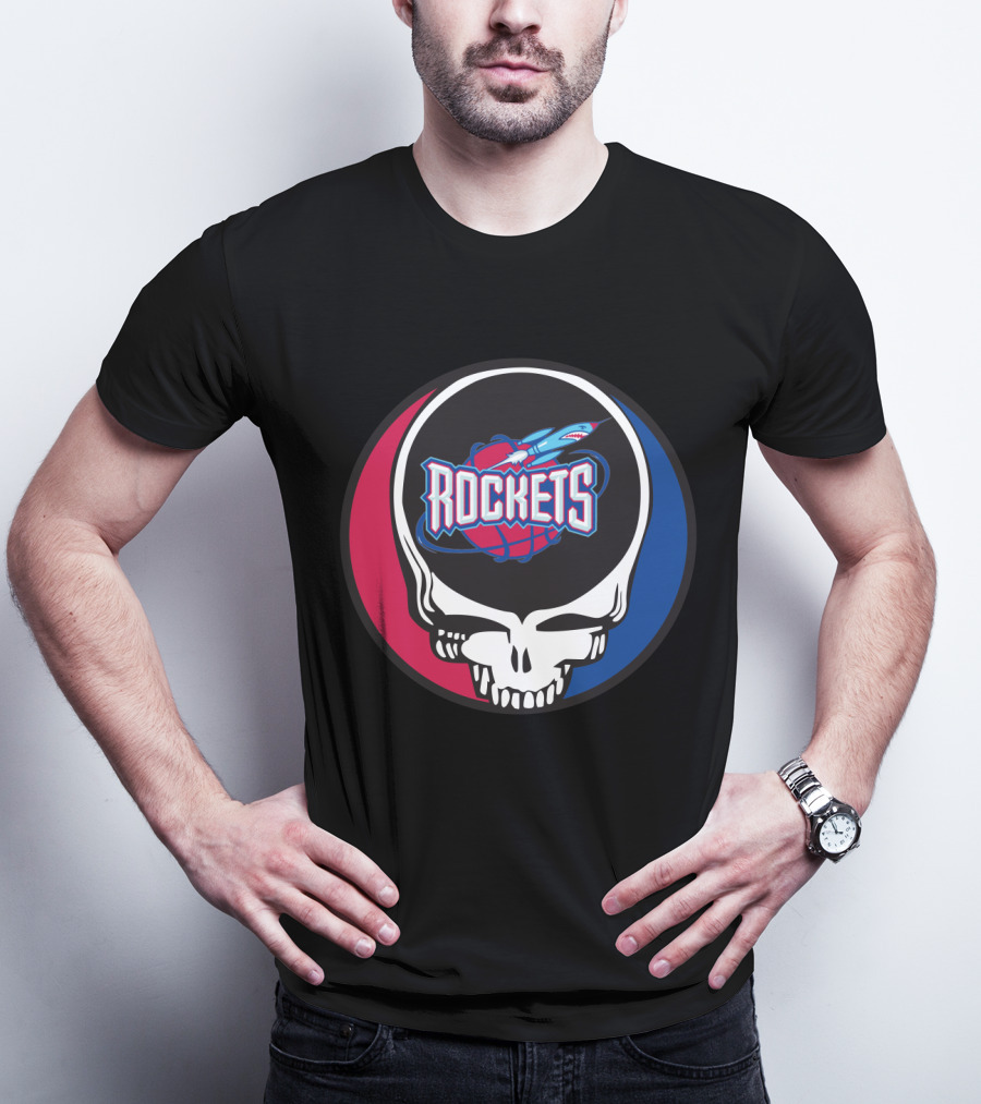 Grateful Dead Skull With Houston Rockets Basketball Logo And Blue Red Circle T-Shirt