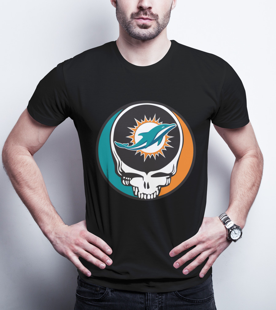 Grateful Dead Skull With Miami Dolphins Logo Fusion For Fans T-Shirt