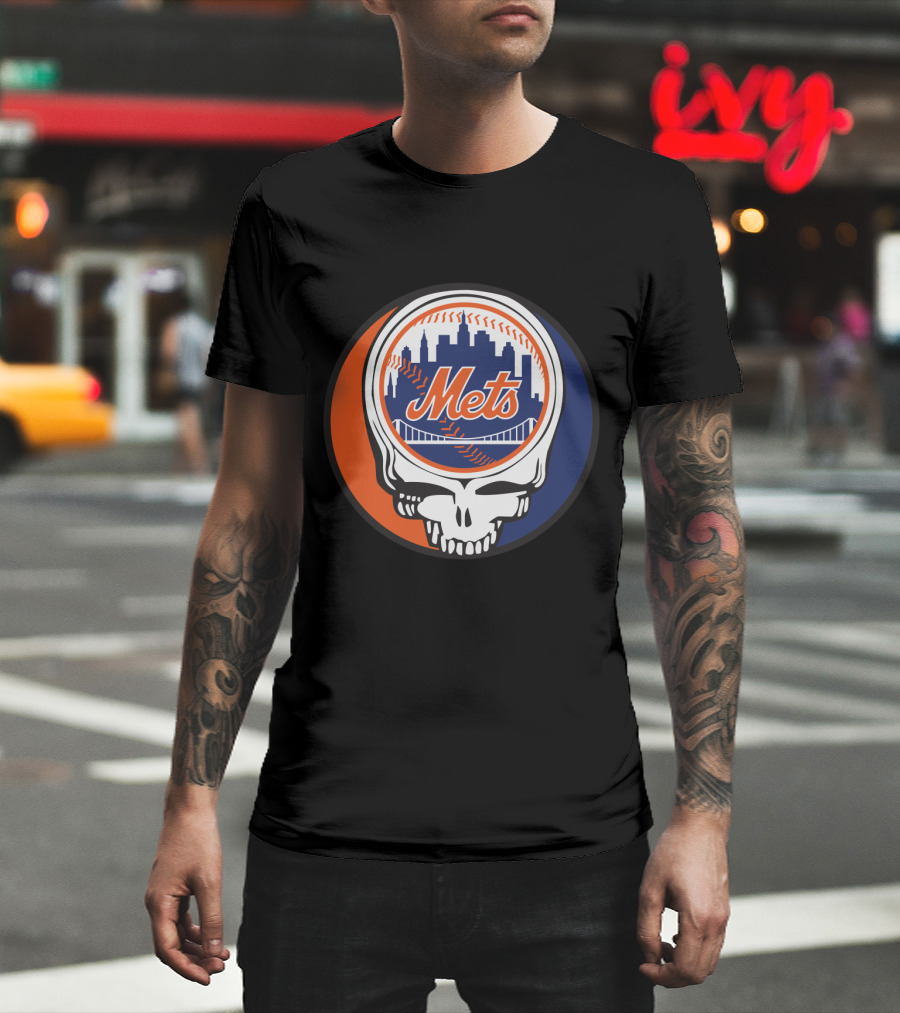 Skull Logo Blending New York Mets Skyline With Grateful Dead T-Shirt