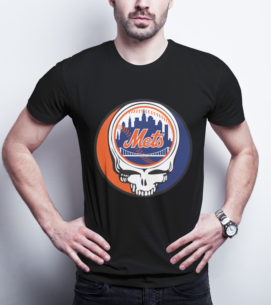 Skull Logo Blending New York Mets Skyline With Grateful Dead T-Shirt