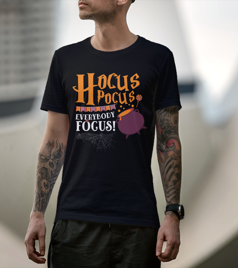 Hocus Pocus Everybody Focus Cauldron Banner Lollipop Spiderweb Halloween T-Shirt
