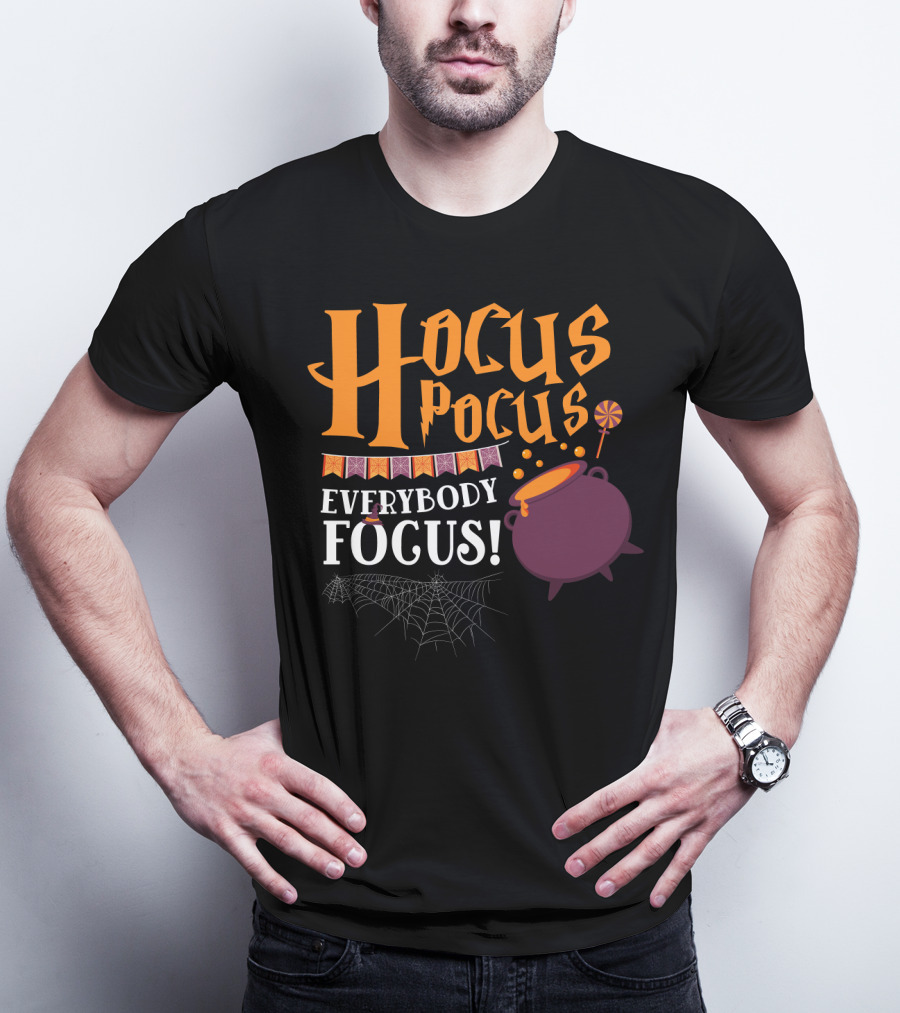 Hocus Pocus Everybody Focus Cauldron Banner Lollipop Spiderweb Halloween T-Shirt