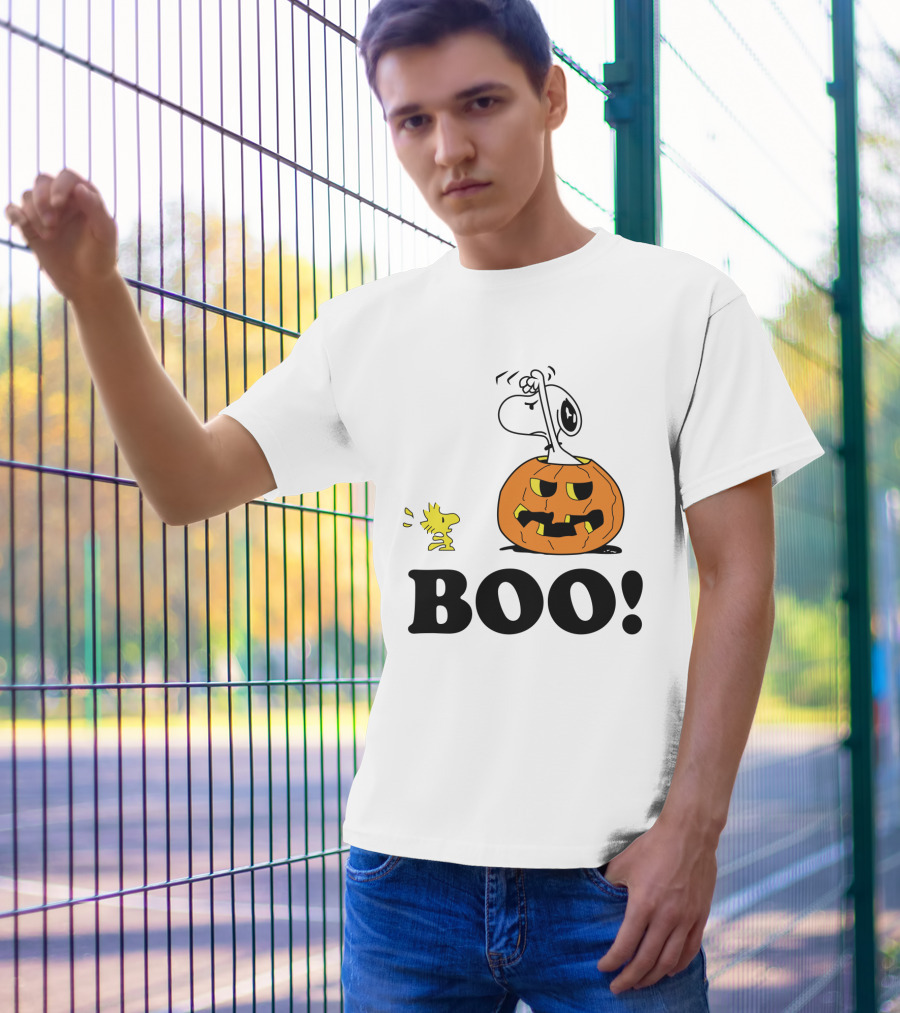 Peanuts Halloween Snoopy And Woodstock In Pumpkin BOO T-Shirt
