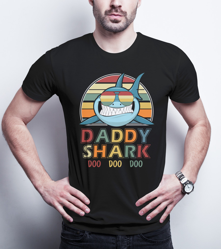 Daddy Shark Retro Vintage Doo Doo Doo Sunglasses Rainbow Stripes T-Shirt