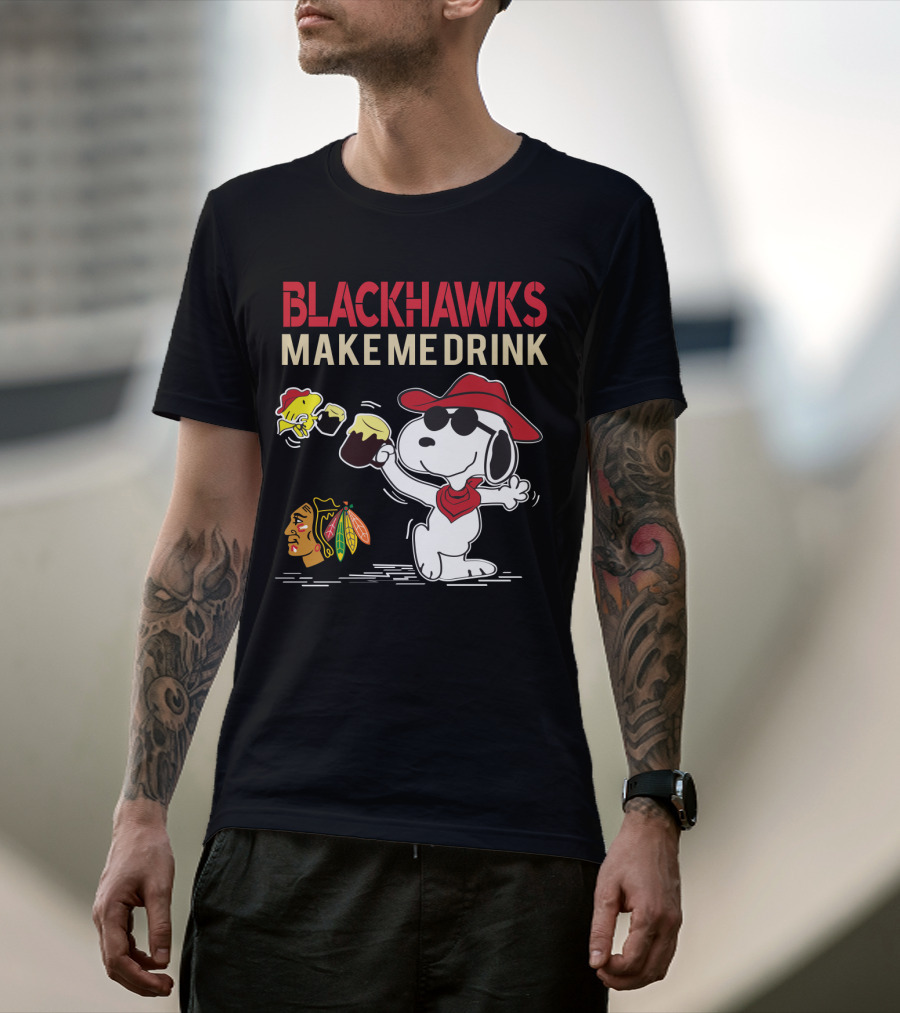 Blackhawks Make Me Drink Snoopy Chicago Blackhawks Fan Peanuts T-Shirt