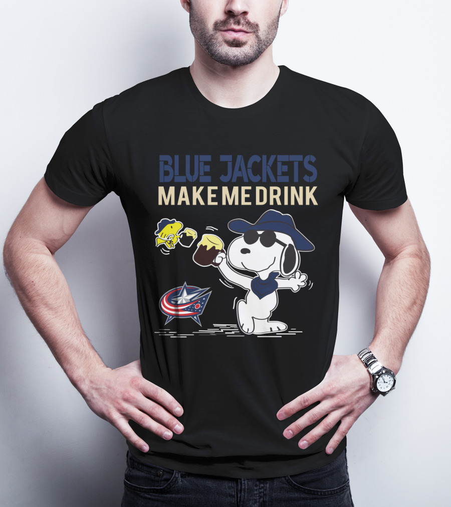 Snoopy With Drink And Woodstock Blue Jackets Make Me Drink Columbus Blue Jackets Fans T-Shirt