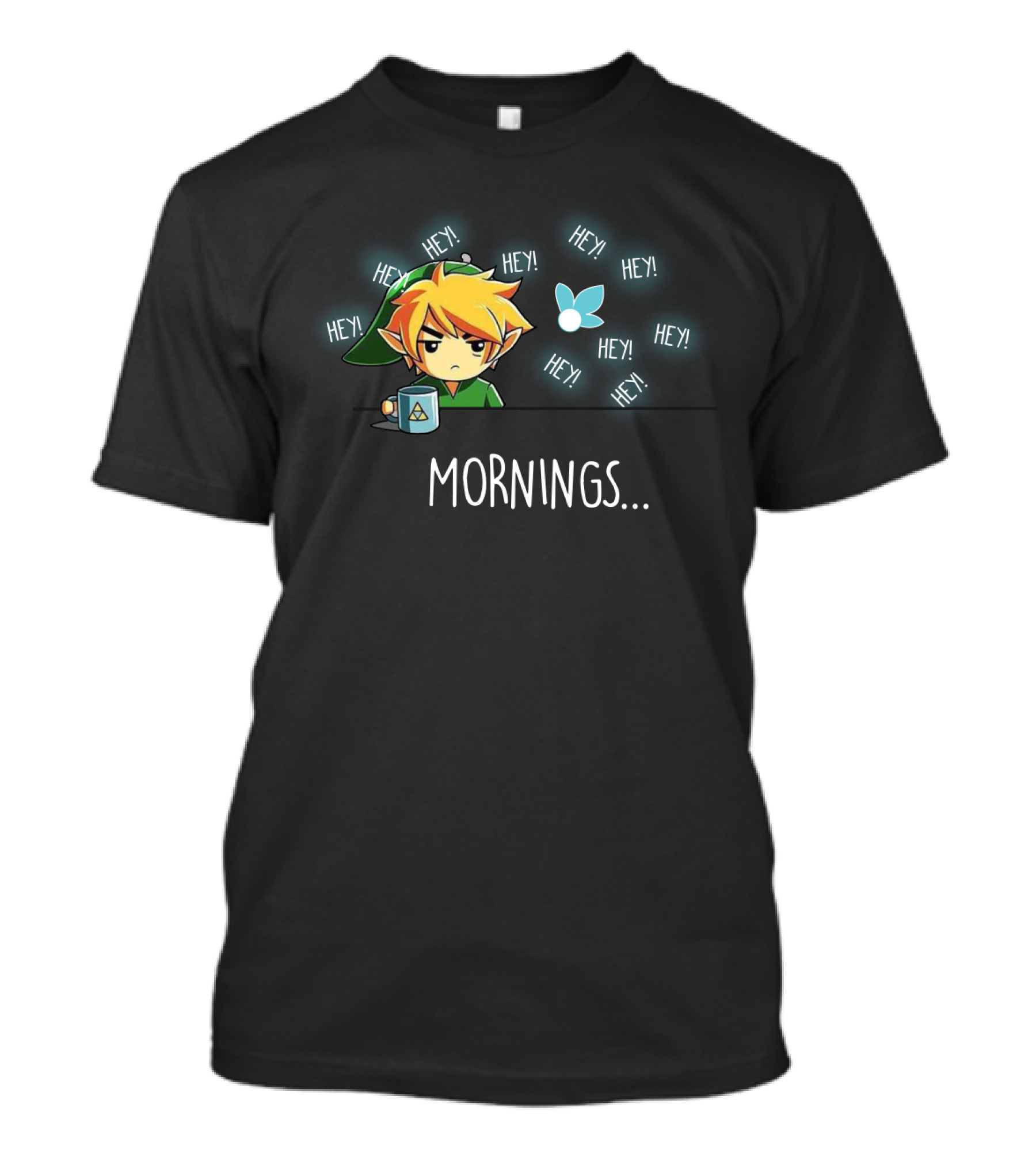 Link Character With Navi Fairy And Coffee Mug In Mornings Hey T-Shirt
