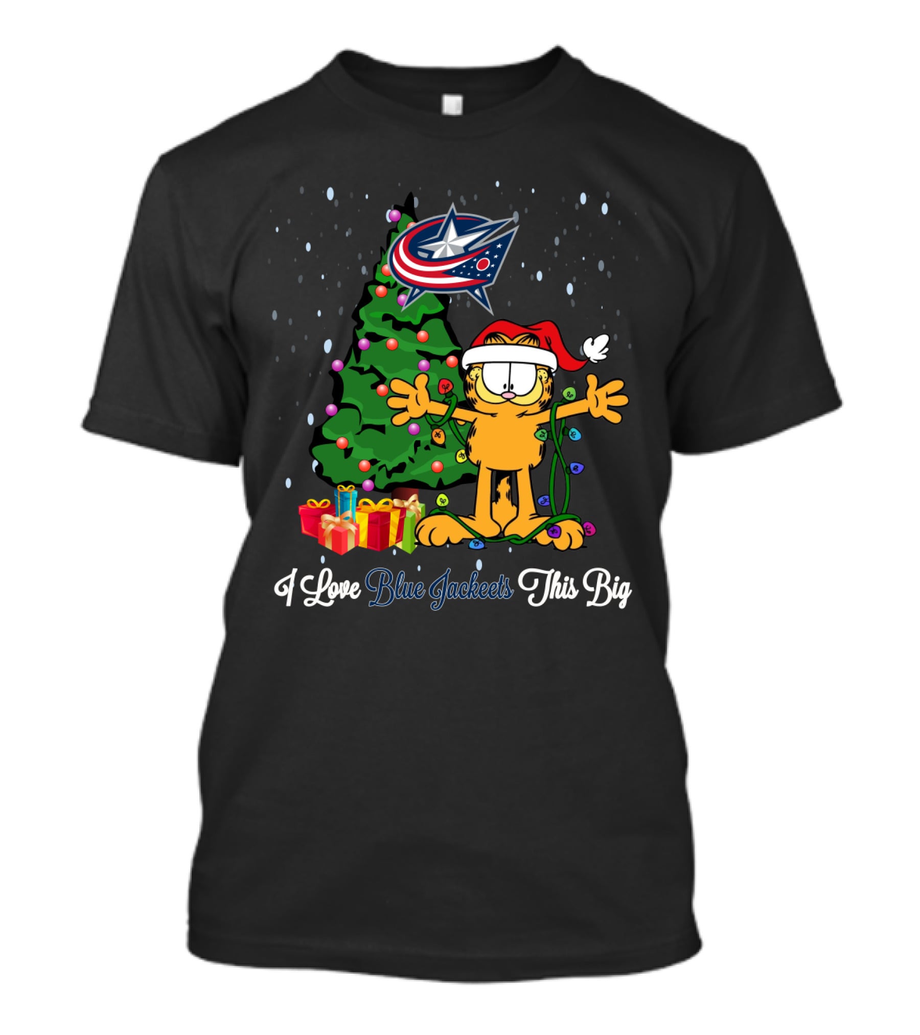 I Love Columbus Blue Jackets This Big Christmas Edition With Cartoon Cat And Tree T-Shirt