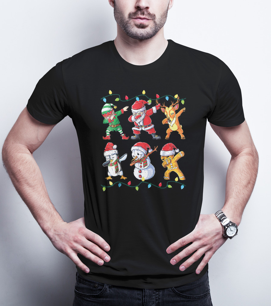 Santa Elf Snowman Penguin Reindeer Gingerbread Dabbing Christmas Lights T-Shirt