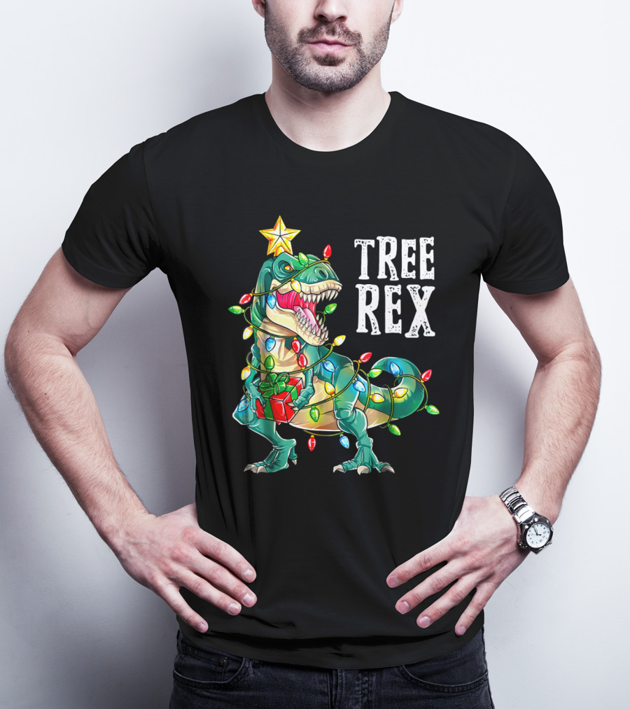 Tree Rex Dinosaur Christmas Lights With Gift And Star T-Shirt