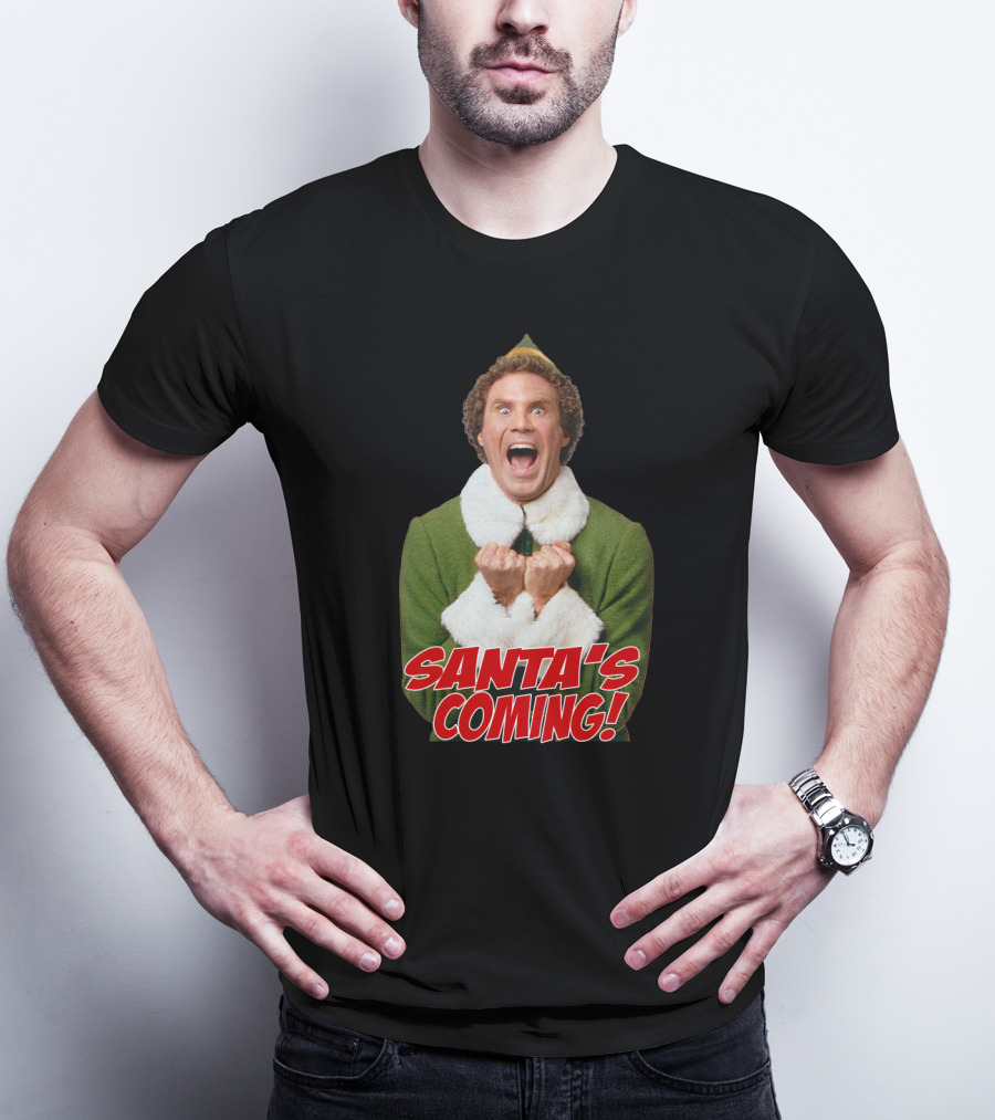 Santa's Coming Excited Elf Green Holiday T-Shirt