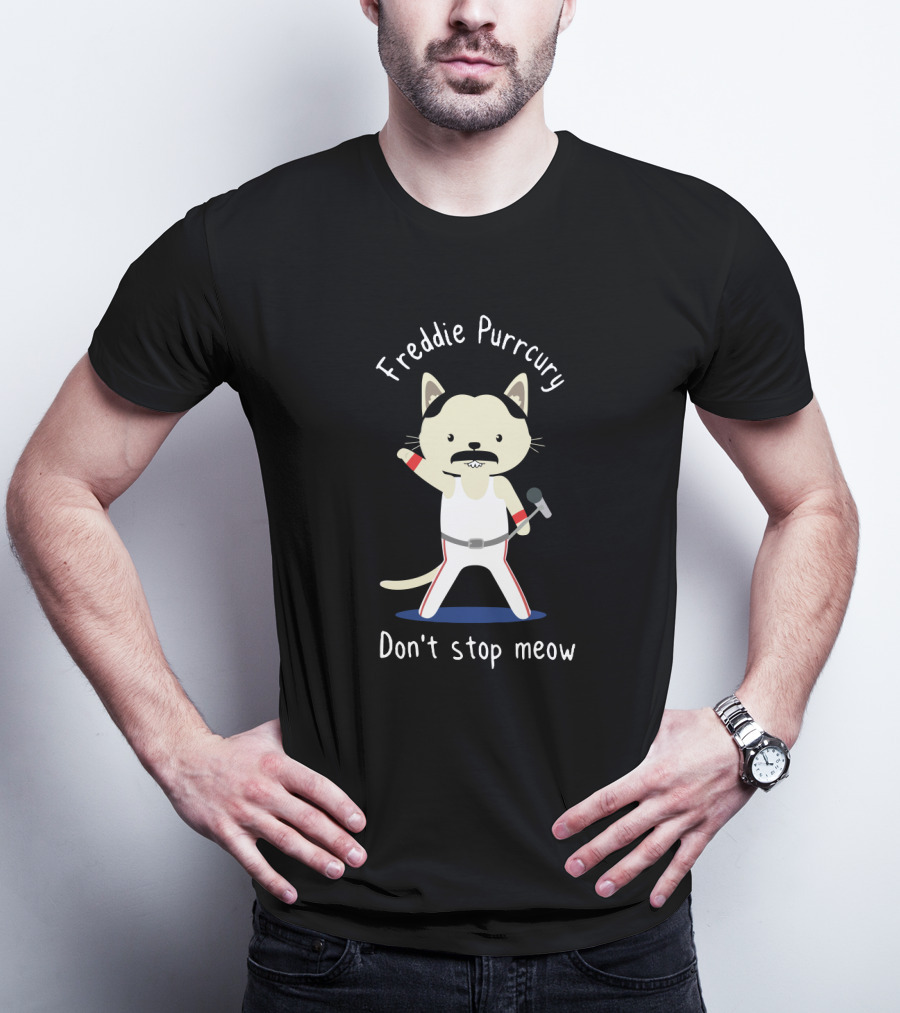 Freddie Purrcury Don't Stop Meow Illustration Of Cat With Microphone In Iconic White T-Shirt