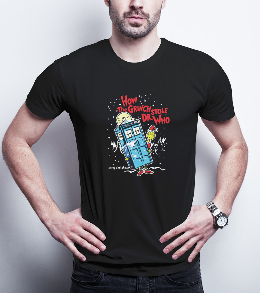 How The Grinch Stole Dr. Who With TARDIS And Merry Christmas Message T-Shirt