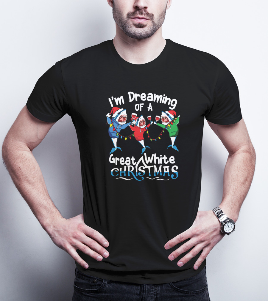 I'm Dreaming Of A Great White Christmas Santa Sharks With Holiday Lights And Wine T-Shirt