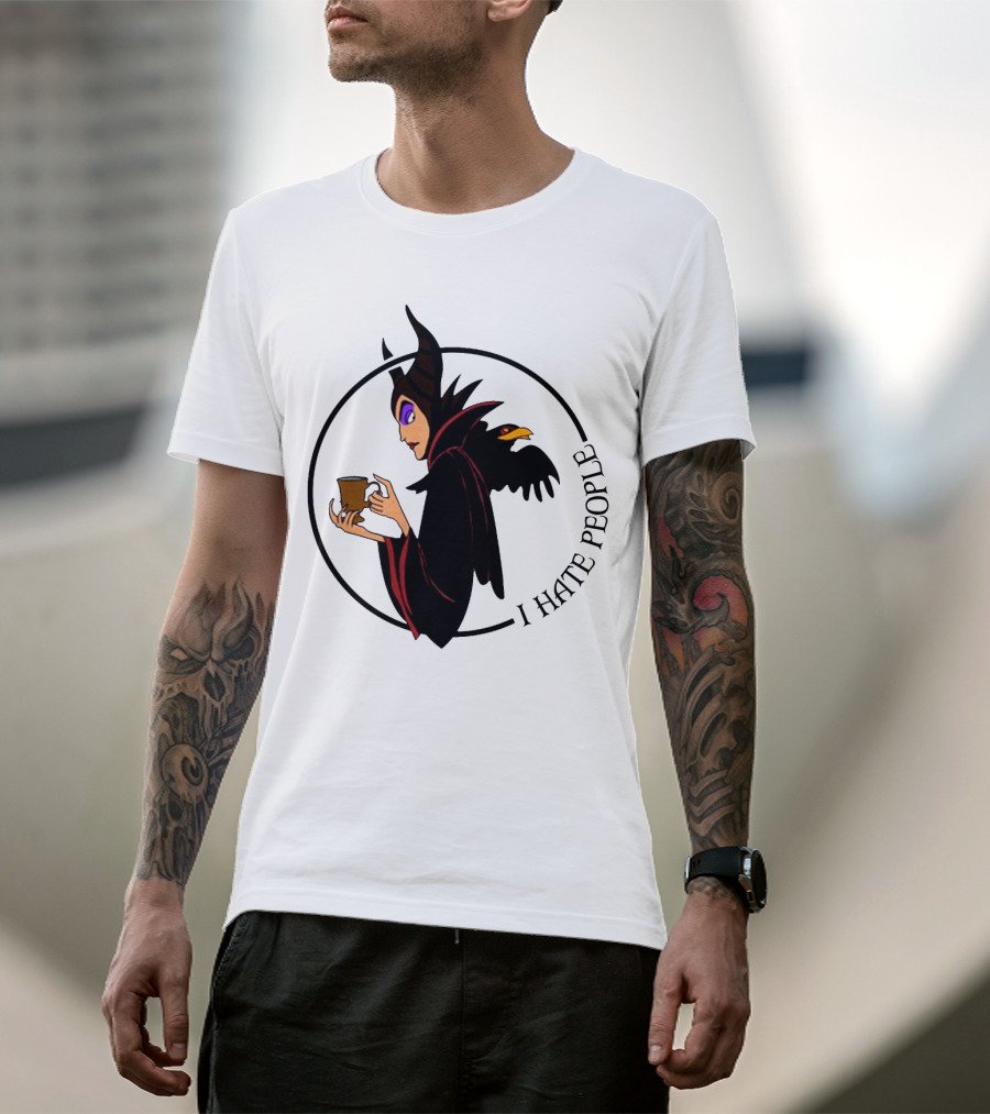Maleficent Coffee Holding With I Hate People Text And Raven On Shoulder T-Shirt