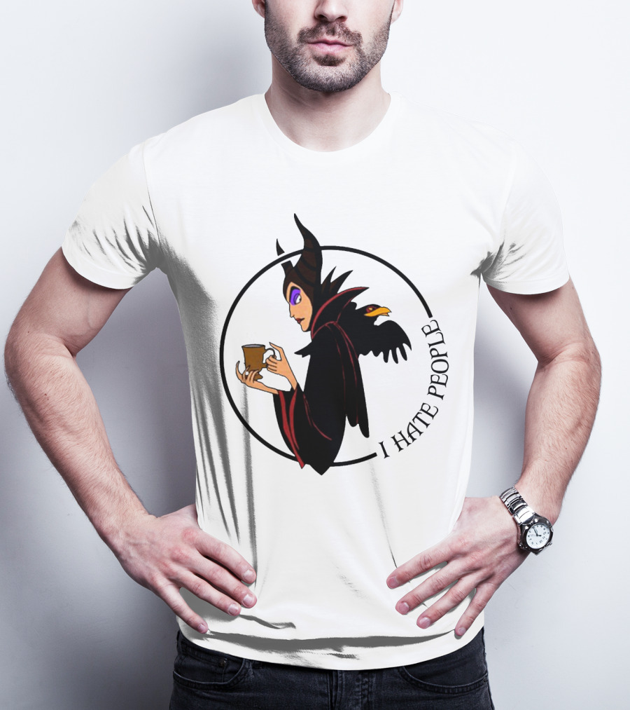 Maleficent Coffee Holding With I Hate People Text And Raven On Shoulder T-Shirt