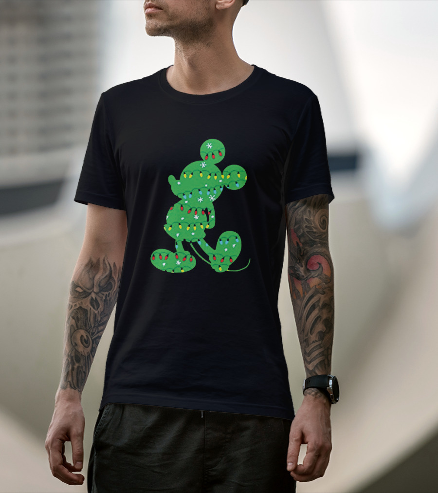 Mickey Mouse Silhouette With Festive Christmas Lights And Green Holiday T-Shirt