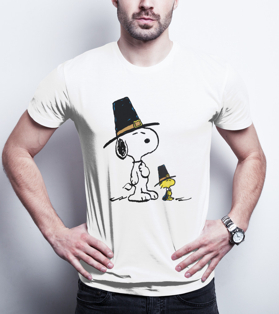 Peanuts Funny Snoopy Woodstock Thanksgiving Pilgrim Hat T-Shirt
