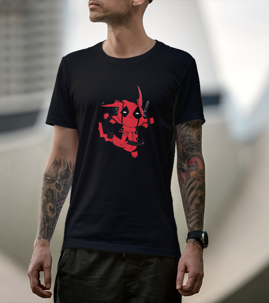 Pikachu Deadpool Crossover Character With Red Suit And Swords T-Shirt