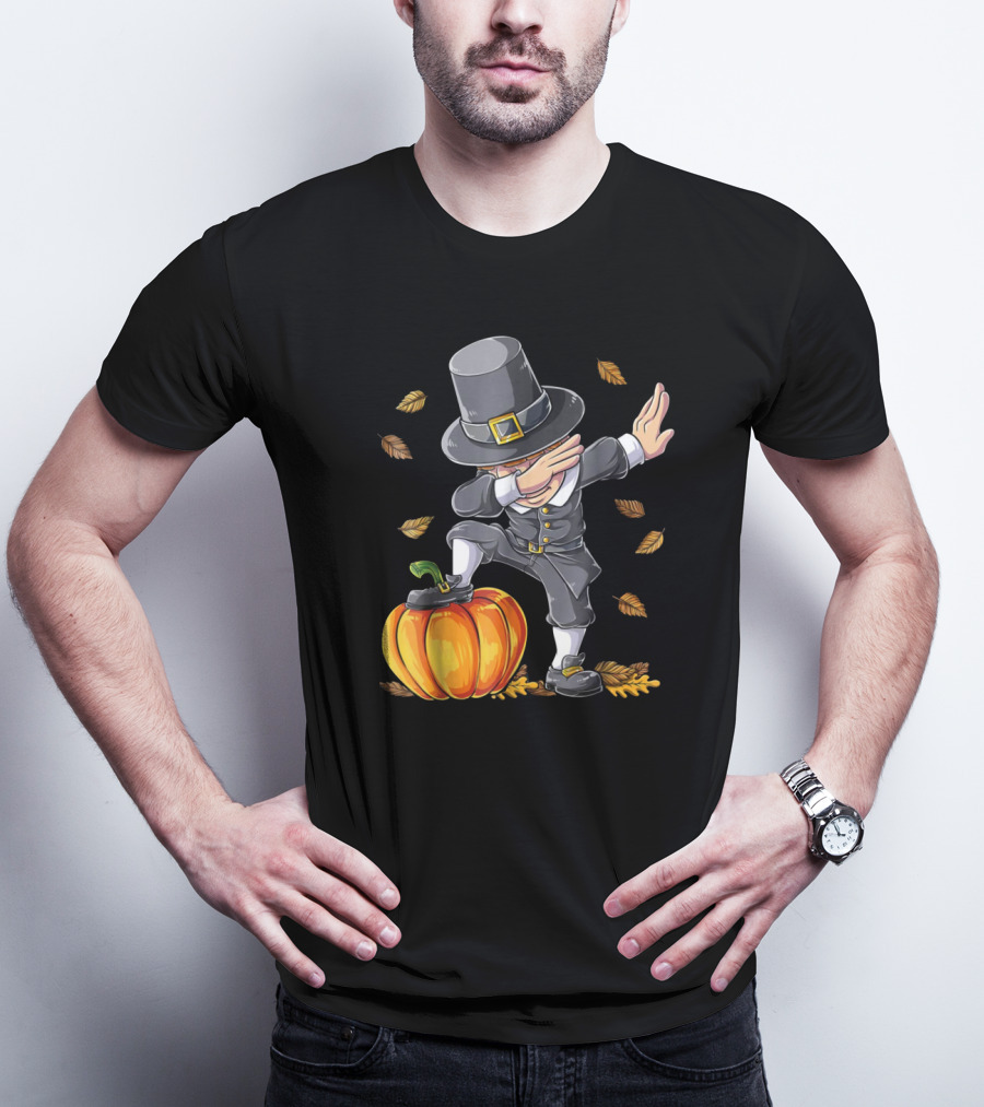 Pilgrim Dabbing On Pumpkin With Falling Autumn Leaves T-Shirt