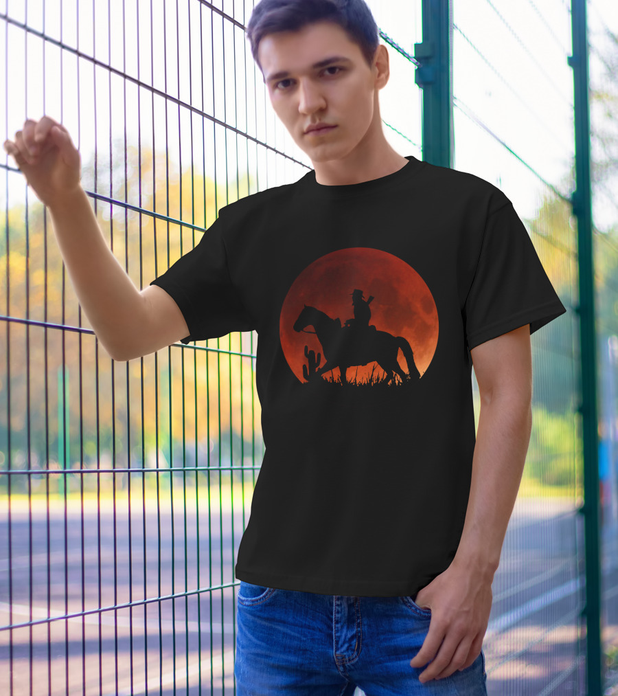 Red Moon Cowboy Riding Silhouette Red Dead Redemption T-Shirt