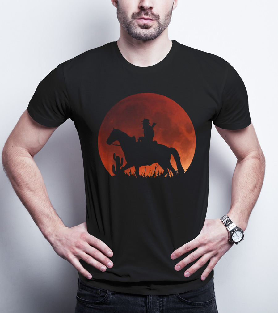 Red Moon Cowboy Riding Silhouette Red Dead Redemption T-Shirt