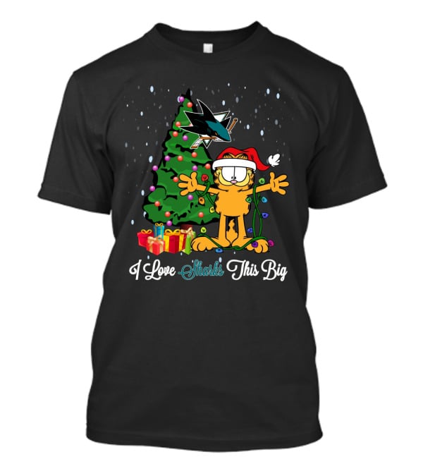 I Love San Jose Sharks Christmas Tree With Garfield Holiday Scene T-Shirt