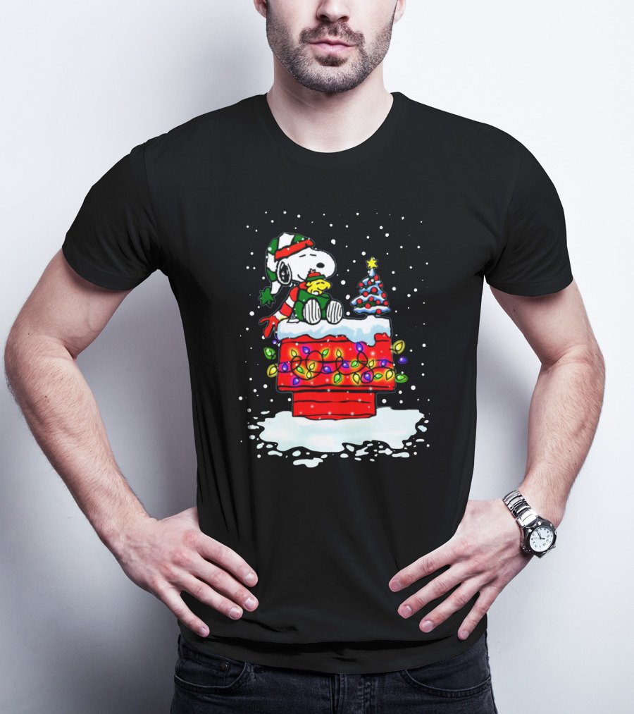 Snoopy Christmas Lights On Doghouse With Woodstock And Winter Scene From Peanuts T-Shirt