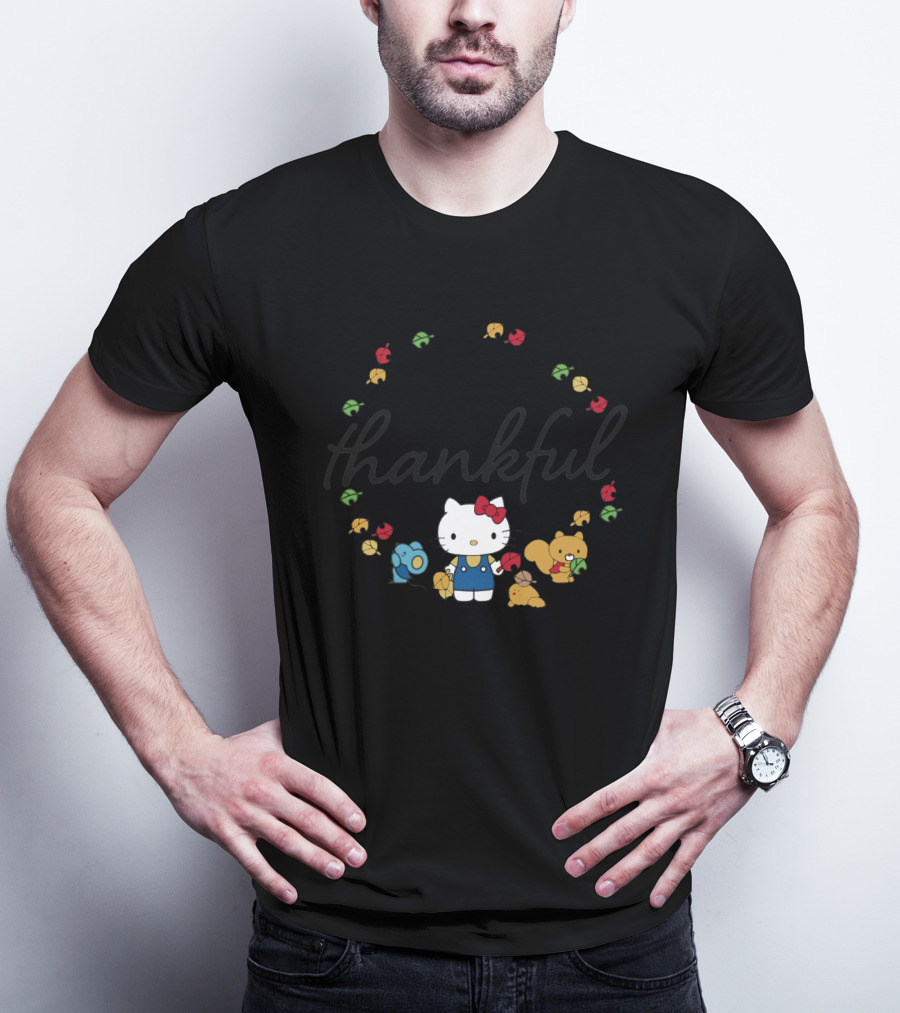 Thankful Hello Kitty Surrounded By Colorful Autumn Leaves And Forest Friends T-Shirt
