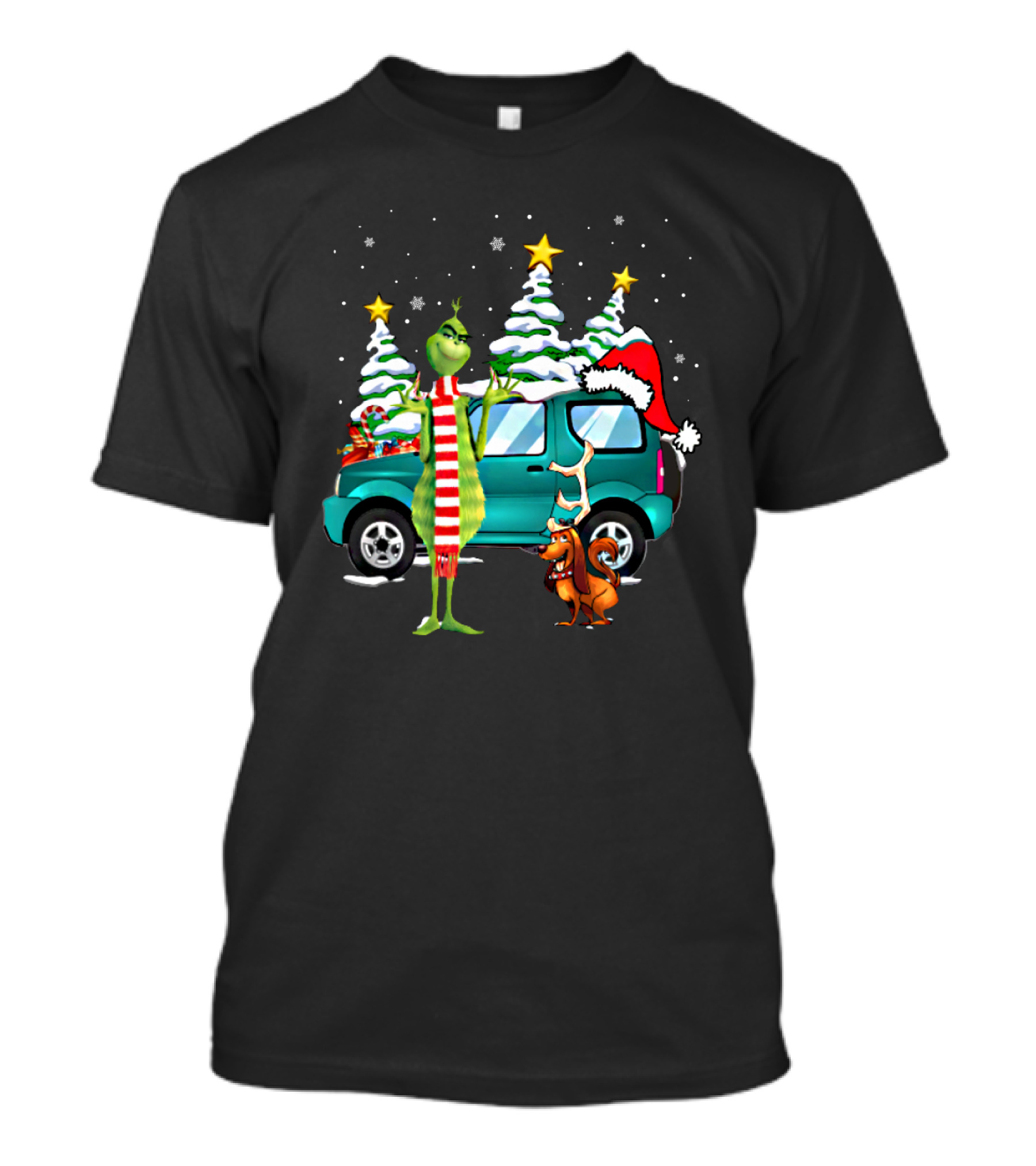 Grinch Max Dog Christmas Snow Trees Santa Hat Car Scene T-Shirt