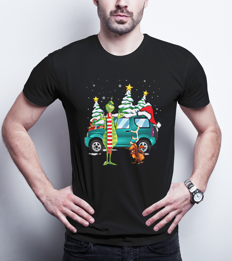 Grinch Max Dog Christmas Snow Trees Santa Hat Car Scene T-Shirt