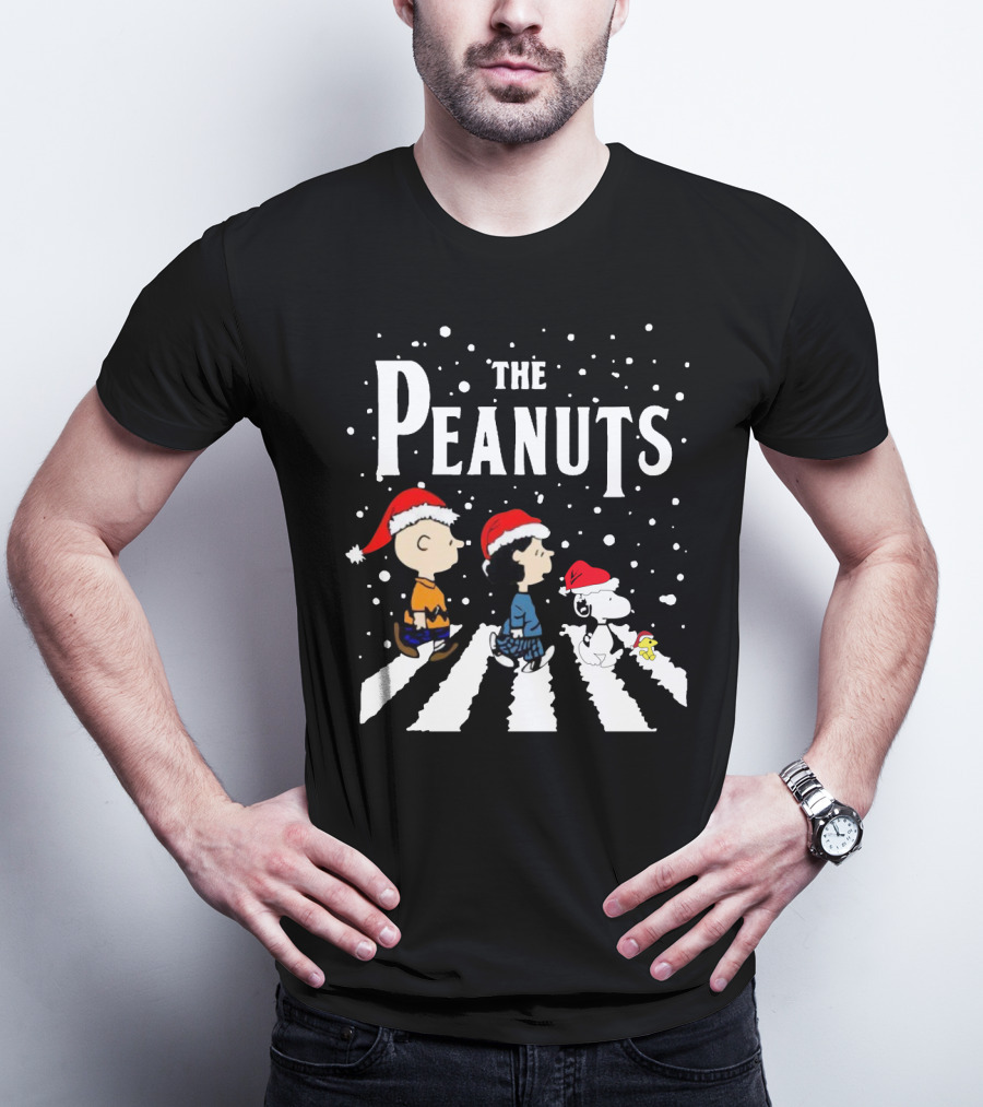 The Peanuts Christmas Abbey Road With Snoopy And Friends In Santa Hats T-Shirt