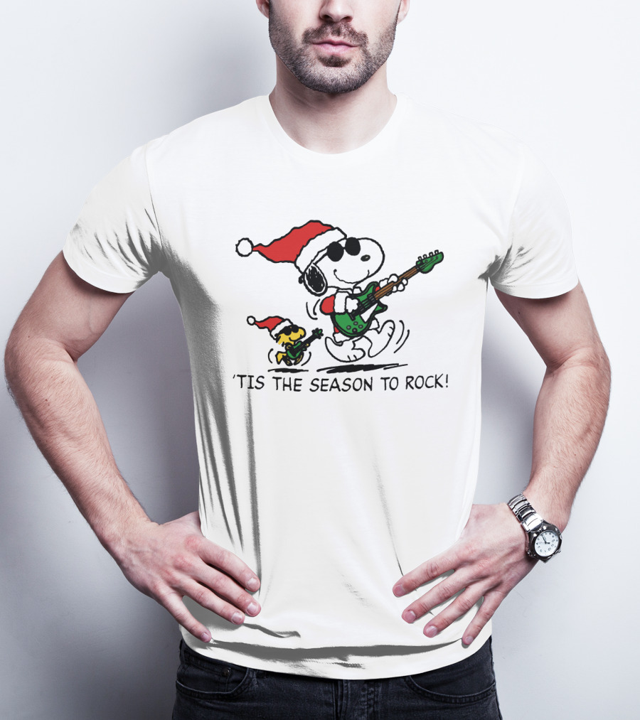 Snoopy And Woodstock Santa Rocking Guitars 'Tis The Season To Rock T-Shirt