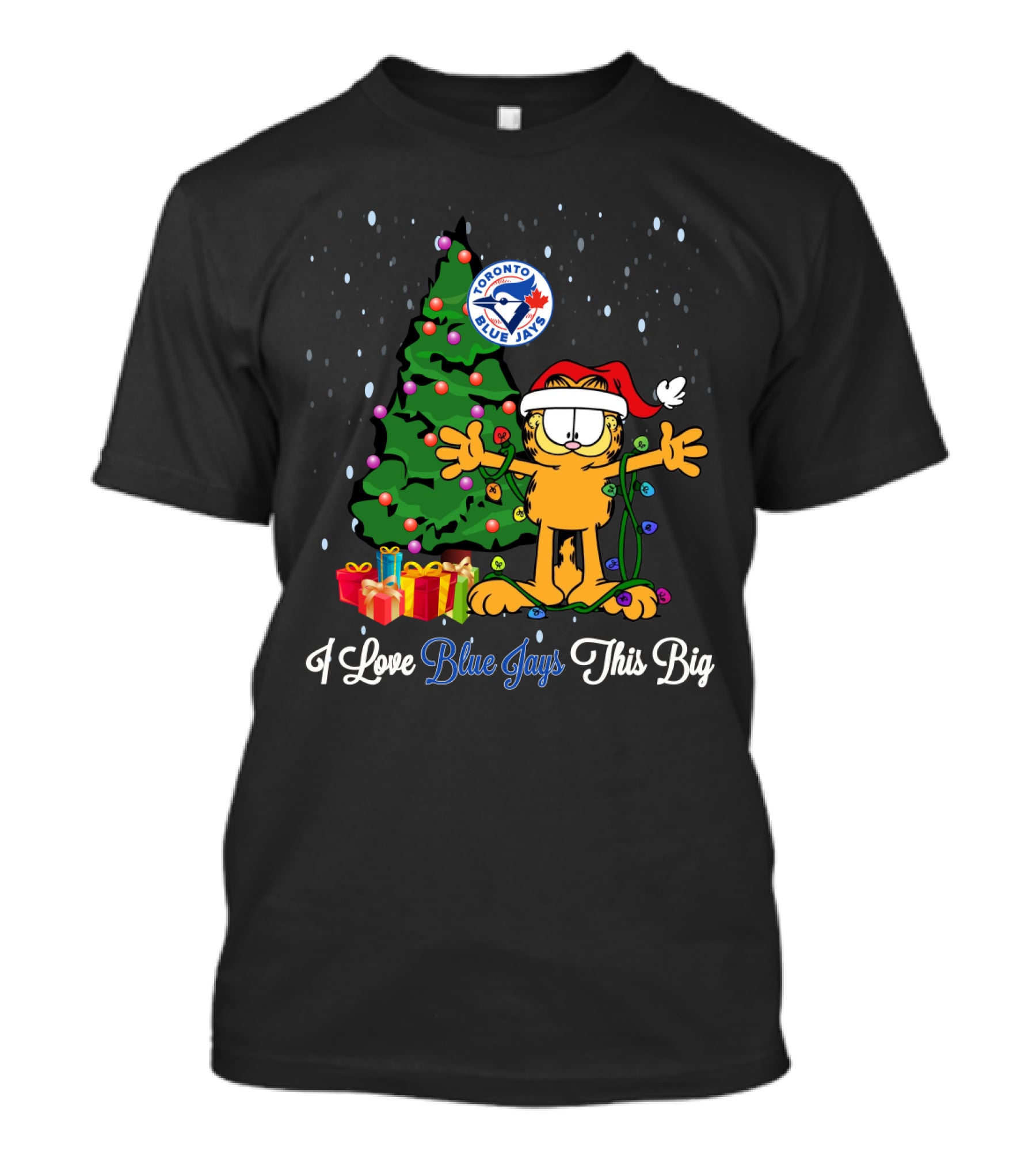 I Love Blue Jays This Big Toronto Blue Jays Christmas Garfield Santa Hat Tree T-Shirt