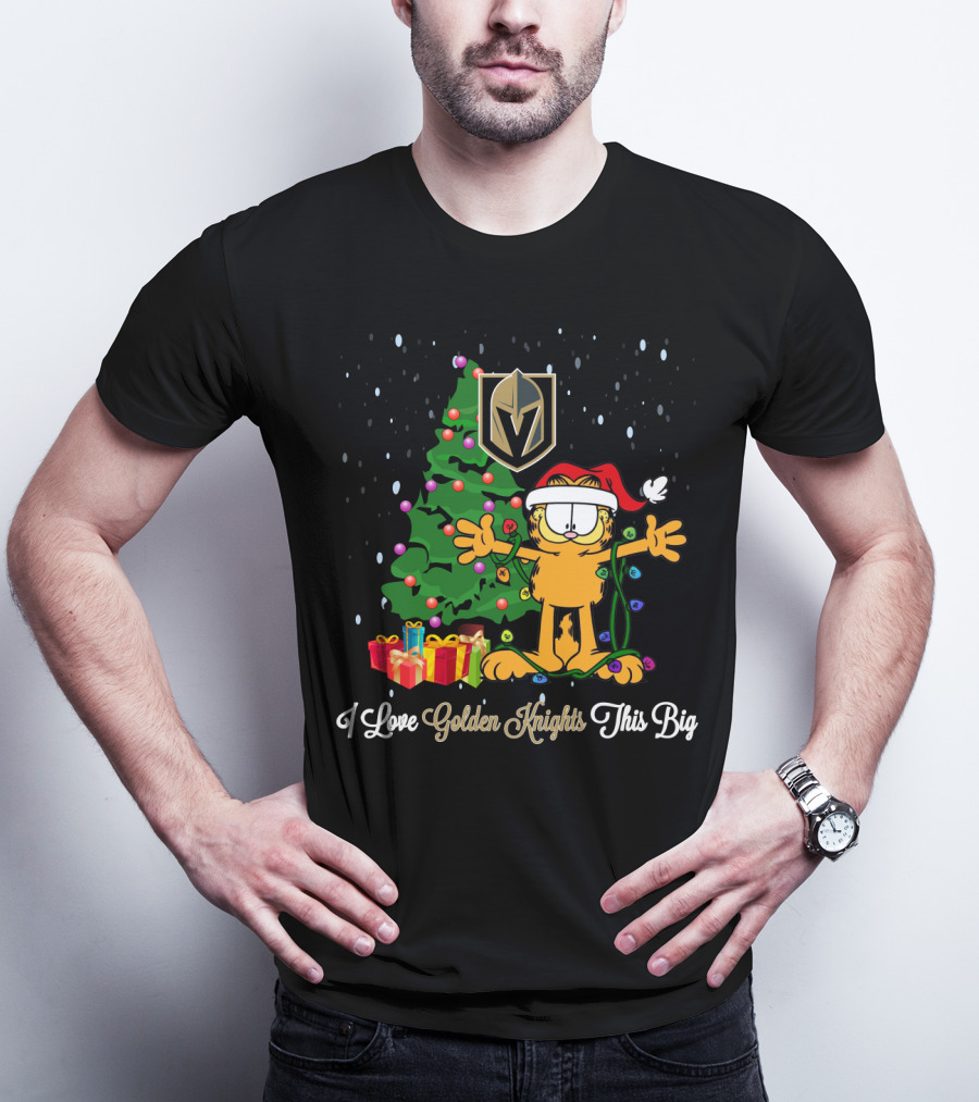 I Love Vegas Golden Knights This Big Garfield Christmas Tree Santa Hat T-Shirt