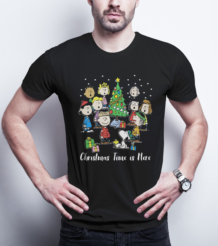 Peanuts Christmas Time Is Here Snoopy And Characters Around Christmas Tree T-Shirt