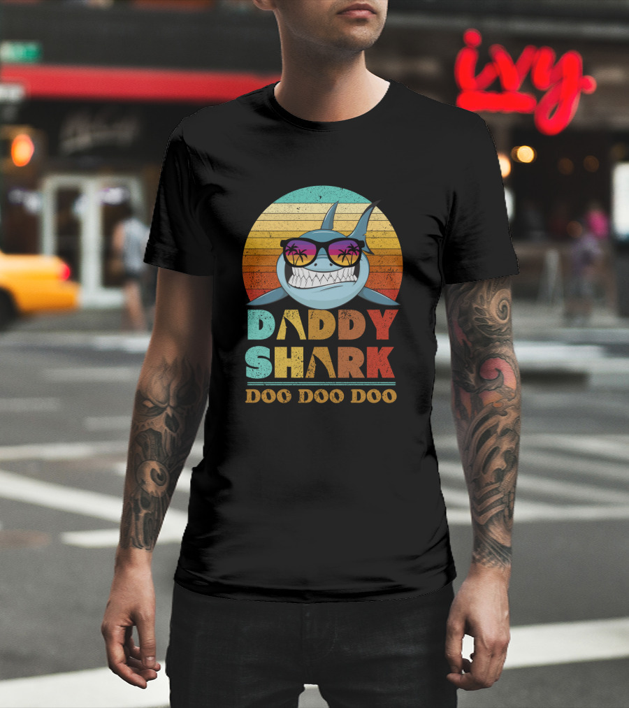 Daddy Shark Doo Doo Doo Retro Sunset Sunglasses Palms Colorful T-Shirt
