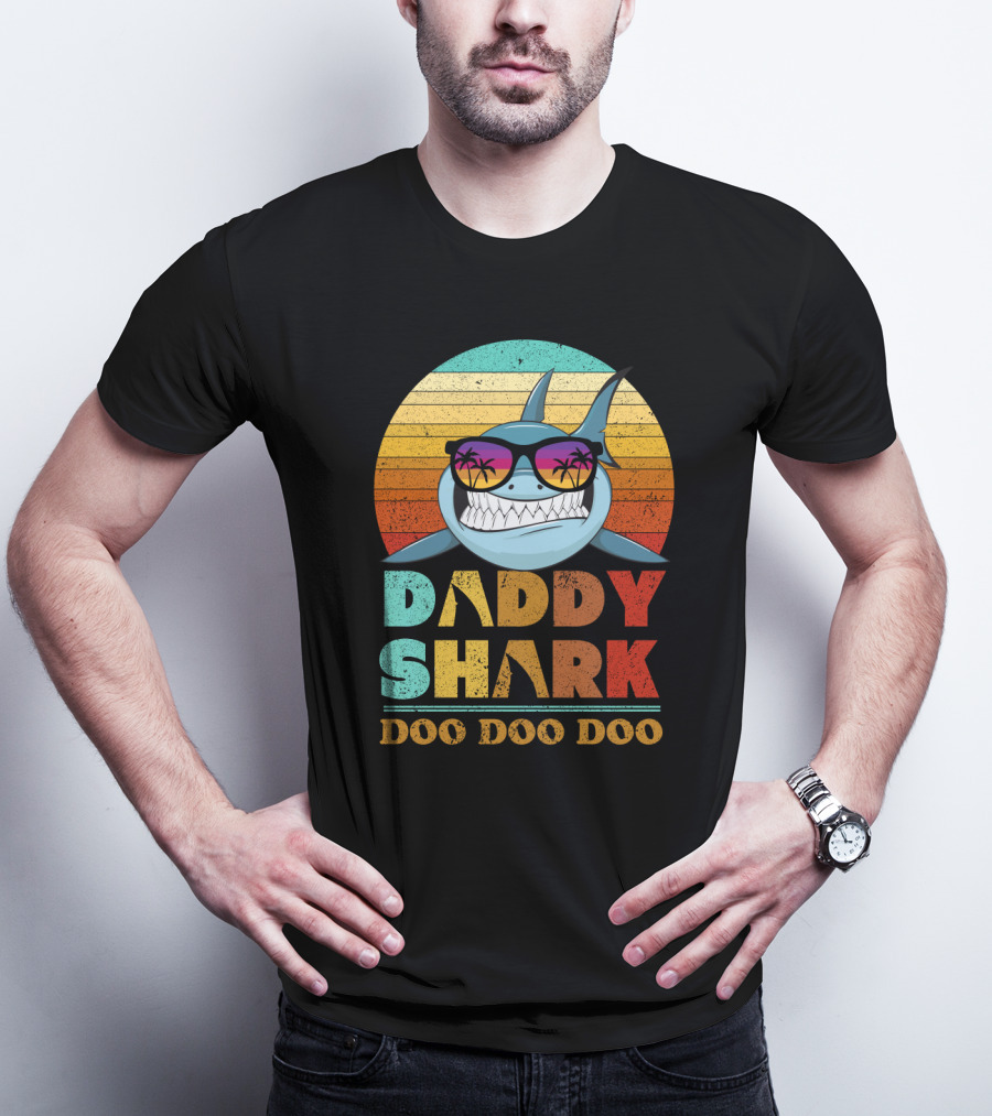 Daddy Shark Doo Doo Doo Retro Sunset Sunglasses Palms Colorful T-Shirt
