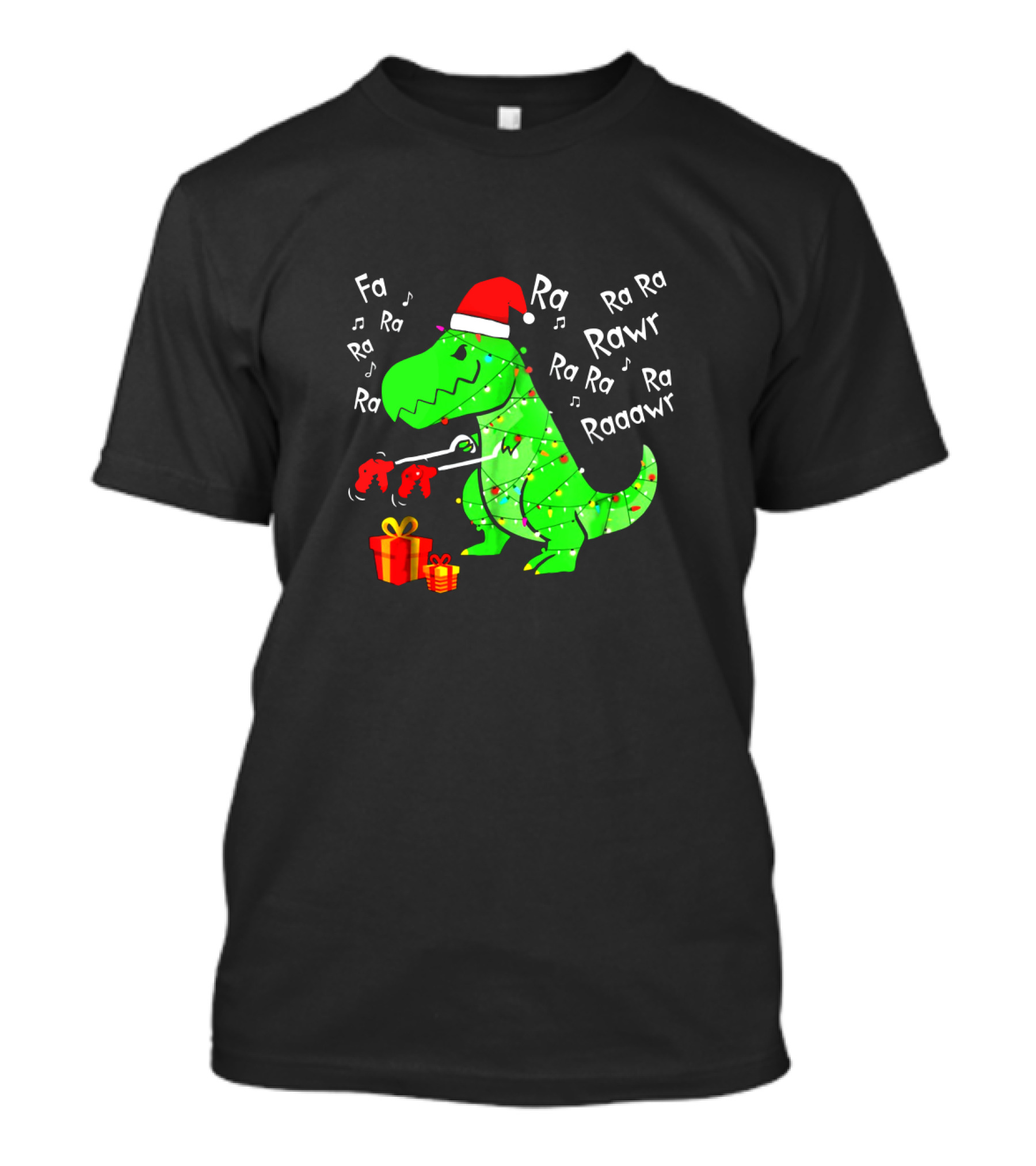 Santa Hat Dinosaur With Christmas Lights And Presents Singing Fa Ra Ra Ra Rawr Raaawr Tree Rex T-Shirt