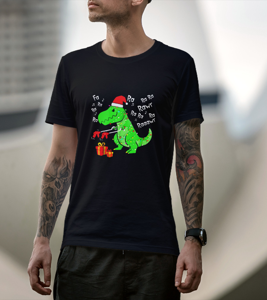 Santa Hat Dinosaur With Christmas Lights And Presents Singing Fa Ra Ra Ra Rawr Raaawr Tree Rex T-Shirt