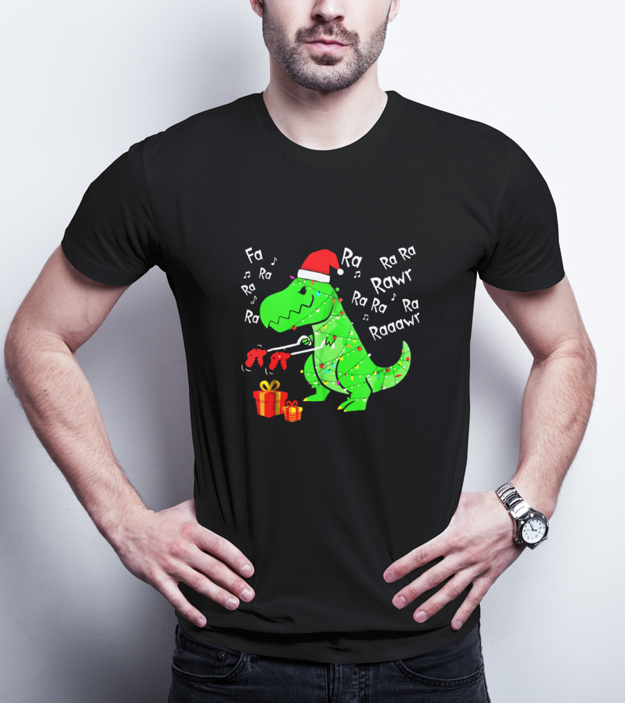 Santa Hat Dinosaur With Christmas Lights And Presents Singing Fa Ra Ra Ra Rawr Raaawr Tree Rex T-Shirt