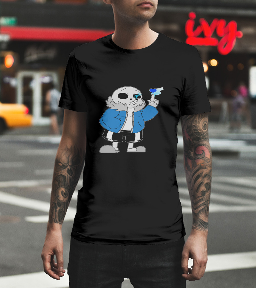 Sans Undertale Character With Blue Heart And Skeleton Jacket Look T-Shirt