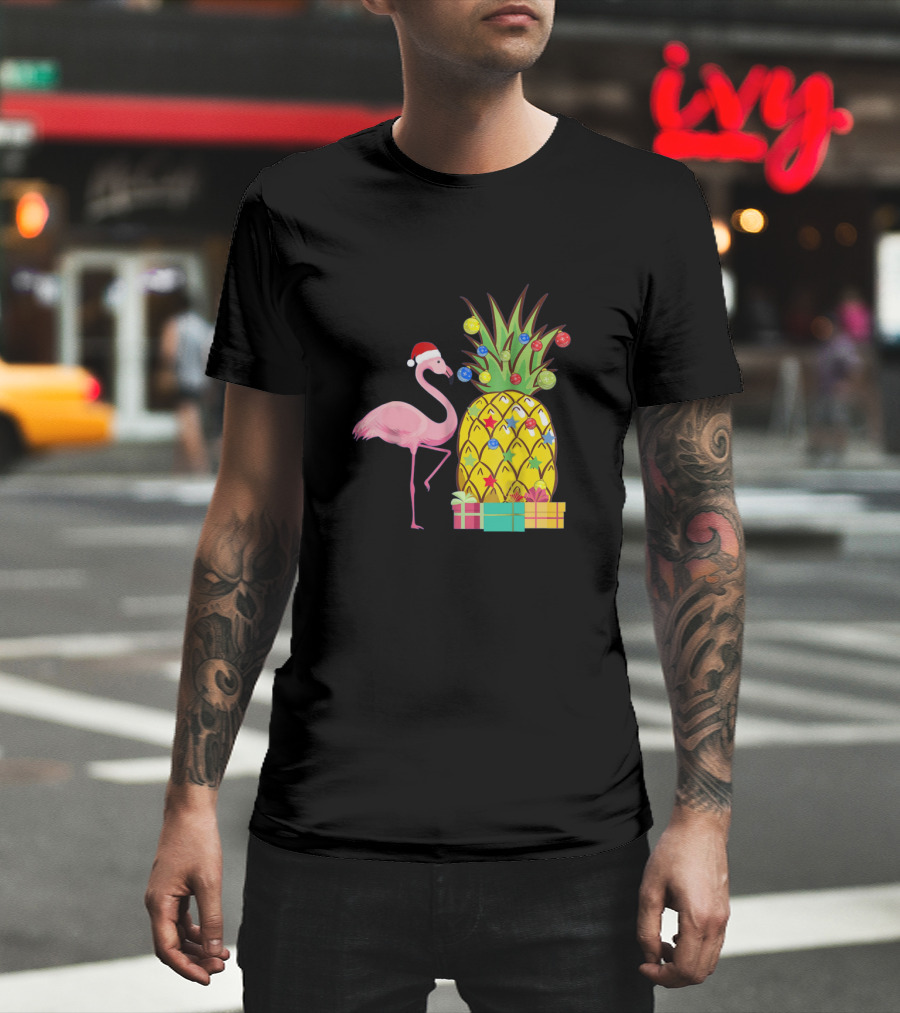 Santa Flamingo Christmas Pineapple With Colorful Ornaments And Holiday Gifts T-Shirt